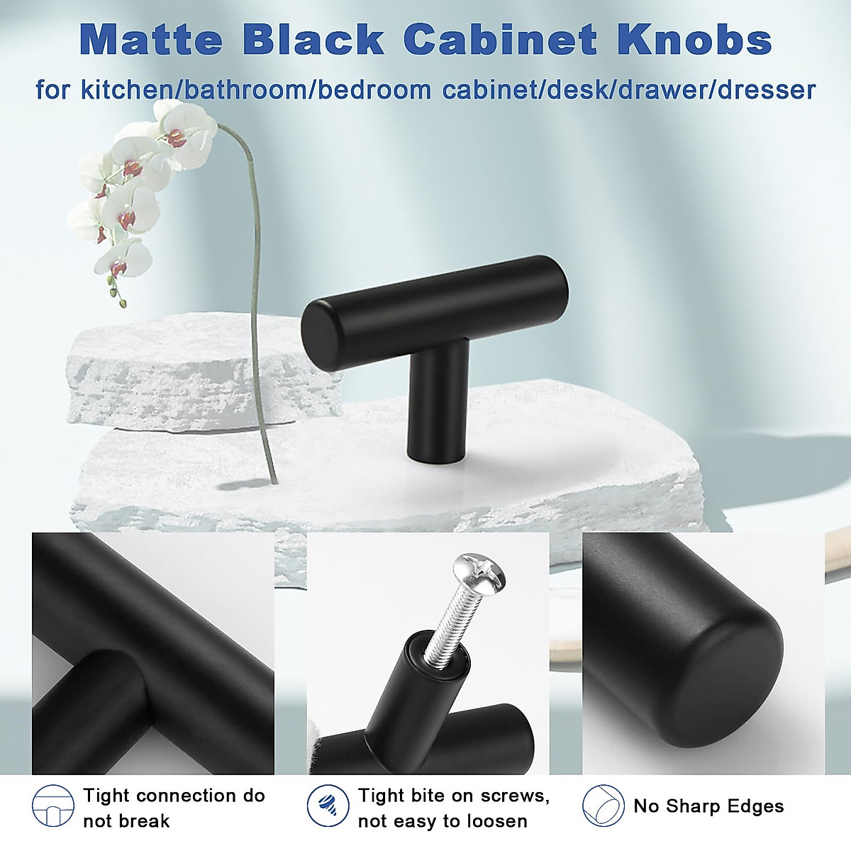 Estmoon 30 Pack Cabinet Knobs Matte Black Drawer Knobs Stainless Steel 2 Inch Overall Length Dresser Knobs for Cabinets Cupboard Bathroom Kitchen Hardware, Single Hole T Bar Knobs