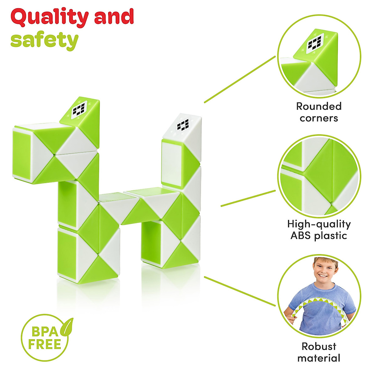 CUBIDI® Magic Snake Cube | Fidget Snake Toy for Kids | Travel Toys for Kids Ages 4-8 | Great Gift for Boys and Girls Birthday, Christmas, Stocking Stuffers - 24 Blocks | 0.9 inch x 0.7 inch | Green