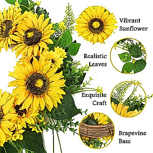 Waipfaru Sunflower Wreaths for Front Door, 20'' Sunflower Door Wreath with Welcome Sign and Bow, Spring Summer Wreath for Farmhouse Front Porch Patio Window Decor
