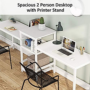 Tribesigns 96.9" Double Computer Desk with Printer Shelf, Extra Long Two Person Desk Workstation with Storage Shelves, Large Office Desk Study Writing Table for Home Office, White