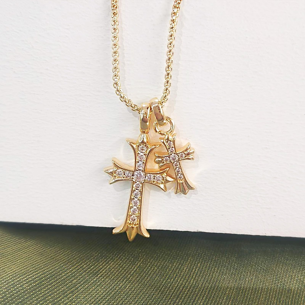 Partm Double Cross Necklace for Women Dainty Cross Pendant Choker 14K Gold Plated Trendy CZ Diamond Cross Charm Necklace Hypoallergenic Delicate Faith Jewelry Religious Gifts for Women