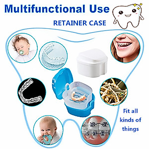 Denture Case Kit, 2 Denture Cup with 2 Denture Brush & 2 Portable Brush Box, Denture Bath Cup with Strainer & Lid for Travel, Storage Soak Container Retainer Cleaner (Blue & Purple)
