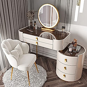 Makeup Vanity Desk with Lighted Mirror and Glass Top, Stylish Large Vanity Table Set with Drawers, Side Cabinet & Chair, 3 Lighting Colors, Perfect for Your Glamorous Beauty Routine