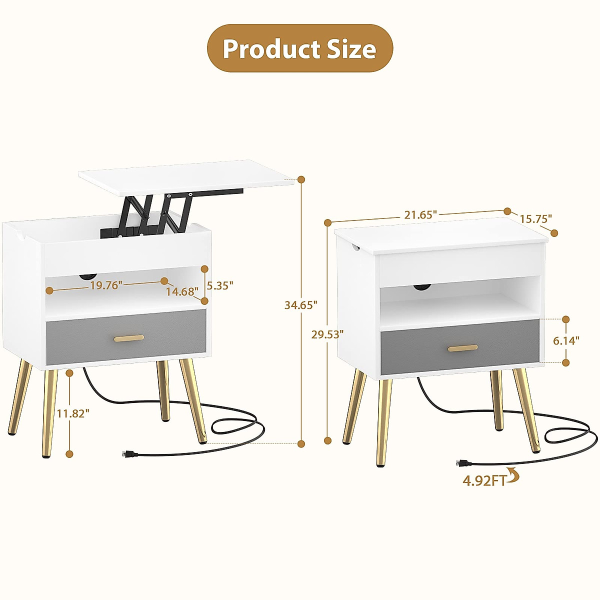 Cyclysio 35'' Nightstands Set of 2 with Reversible Lift Top, Large Night Stand with Lights, Tall Bedside Table with Charging, White Modern Side Table