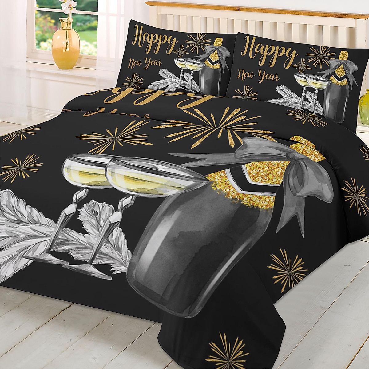 ZOE GARDEN Happy New Year Bed Duvet Cover Queen Size, Washed Patterned Textured Duvet Cover Sets with Zipper & Tiers, Microfiber Soft Comforter Thick Luxury Quilt Cover Black Gold Silver