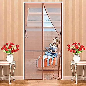 Magnetic Screen Door, Screen Size 39x94in/100x240cm(Width*Height) Durable Mesh Curtain Sliding Door Mesh with Full Frame-Brown
