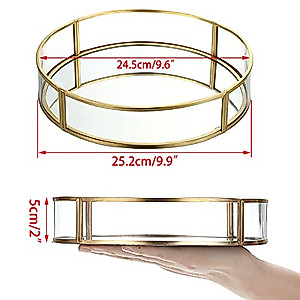 ELLDOO Gold Round Glass Tray, Mirror Jewelry Tray Perfume Tray Mirror Vanity Tray Dresser Tray Ornate Tray Metal Decorative Tray Perfume Organizer Makeup Tray for Vanity Dresser