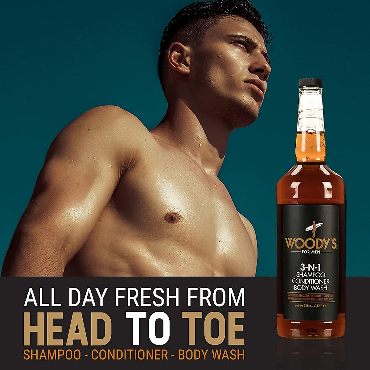 Woody's 3 in 1 Body Wash for Men - Shampoo, Conditioner, & Body Wash, Multipurpose Cleanser With Marine Extracts, Cucumber Fruit Extract, and Aloe Vera - 32 Fl Oz