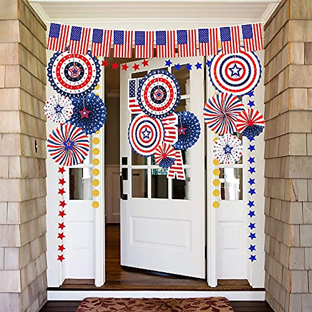 Bulk Patriotic Red White Blue Party Decoration Assortment American USA Flag Banner Star Garland Hanging Paper Fans Hanging Swirl Tissue Paper Pom Poms for 4th of July Independence Day Memorial Day
