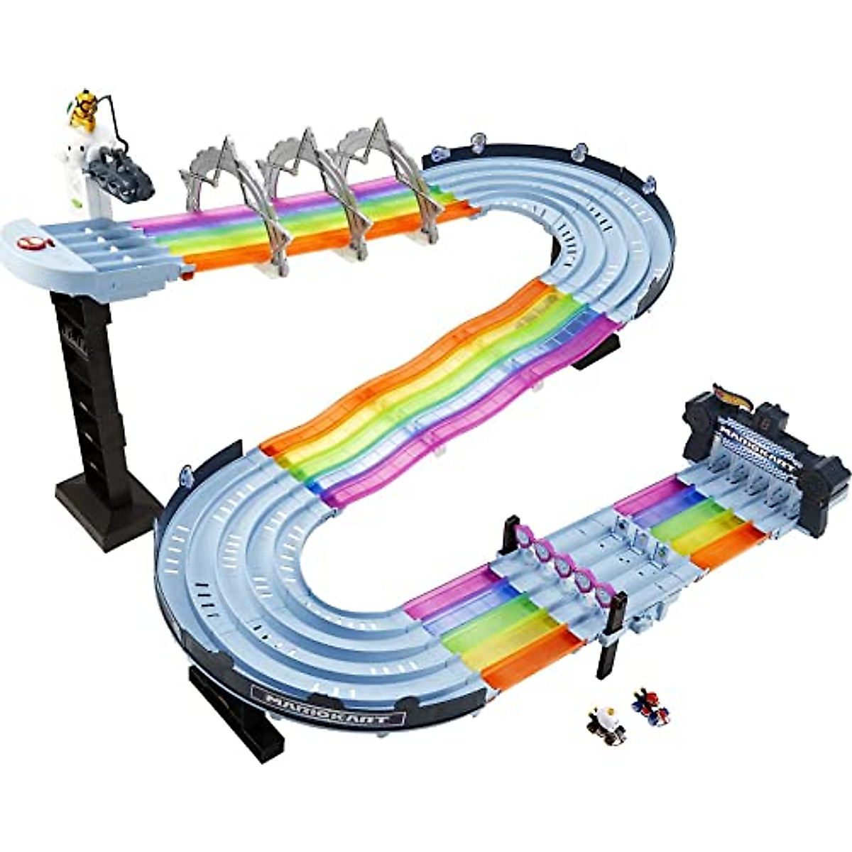 Hot Wheels Mario Kart Rainbow Road Raceway 8-Foot Track Set with Lights & Sounds & 2 1:64 Scale Vehicles, Race with 5-Track Colorful Course with 2 Configurations, Toy Gift for Kids