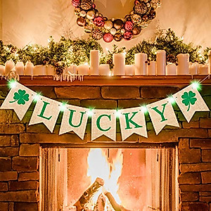 St. Patrick's Day Lucky Burlap Banner Bunting Hanging Garland with Green String Lights Rustic Shamrock Banner for St. Patrick's Day Decoration Supplies