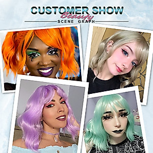 LANCAINI Short Bob Wavy Wig with Bangs for Women Loose Curly Shoulder Length Synthetic Cosplay Wig Bob for Girl Colorful Costume Wigs (Blue)