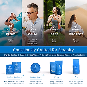 Purity Coffee CALM Decaf Medium Roast Whole Beans - USDA Certified Organic Specialty Grade Arabica Swiss Water Processed Decaffeinated - Third Party Tested for Mold, Mycotoxins, Pesticides - 12 oz Bag