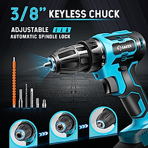 Saker Cordless Drill Set, Brushless 20V Electric Drill with Drill Bits, 3/8-Inch Keyless Chuck, 2 Variable Speeds, 430 In-lbs Torque Battery Power Screwdriver Driver for Plastic, Wood, Metal, Screws