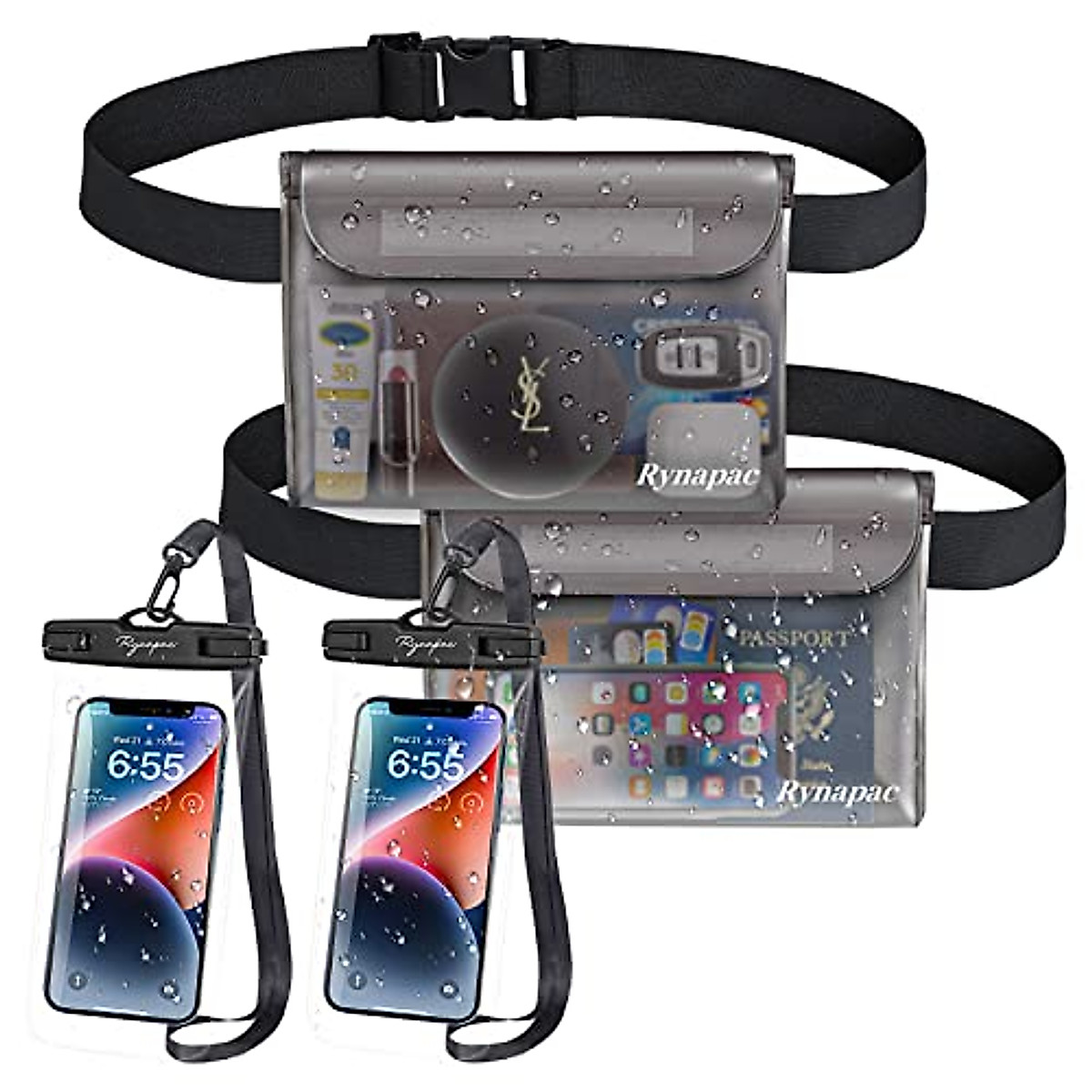 Waterproof Pouch and Cell Phone Case Set - Ideal for Beach Water Sports, Boating, Snorkeling, Kayaking, Rafting, Sailing - Includes 2 Clear Phone Dry Bags and 2 Fanny Packs, Perfect Cruise Essentials