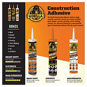 Gorilla Heavy Duty Construction Adhesive, 9 Ounce Cartridge, White, (Pack of 6)