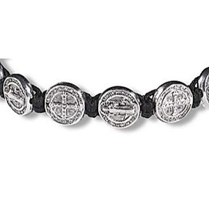 CB Silver Tone Saint Benedict Medal on Adjustable Black Cord Wrist Bracelet, 8 Inch, Pack of 5