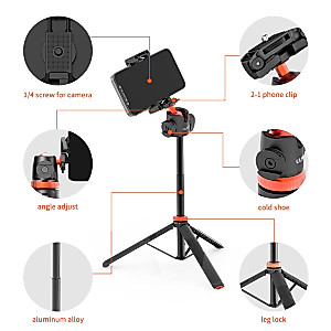 UURig Camera Tripod, 52 inch Extendable Phone Selfie Stick Camera Tripod Stand with 2 in 1 Phone Clip, 5 Levels Adjustment 360° Ball Head Loads Up for iPhone Sony Canon GoPro