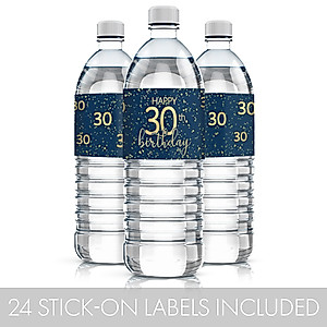Navy Blue and Gold 30th Birthday Party Water Bottle Labels - 24 Waterproof Stickers, 30th Birthday Party Favors