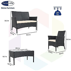 Furnivilla 4 Pieces Patio Furniture Sets Outdoor Furniture PE Wicker Patio Set Patio Conversation Set Balcony Furniture with Cushions and Table for Yard,Pool or Backyard (Black-Beige)