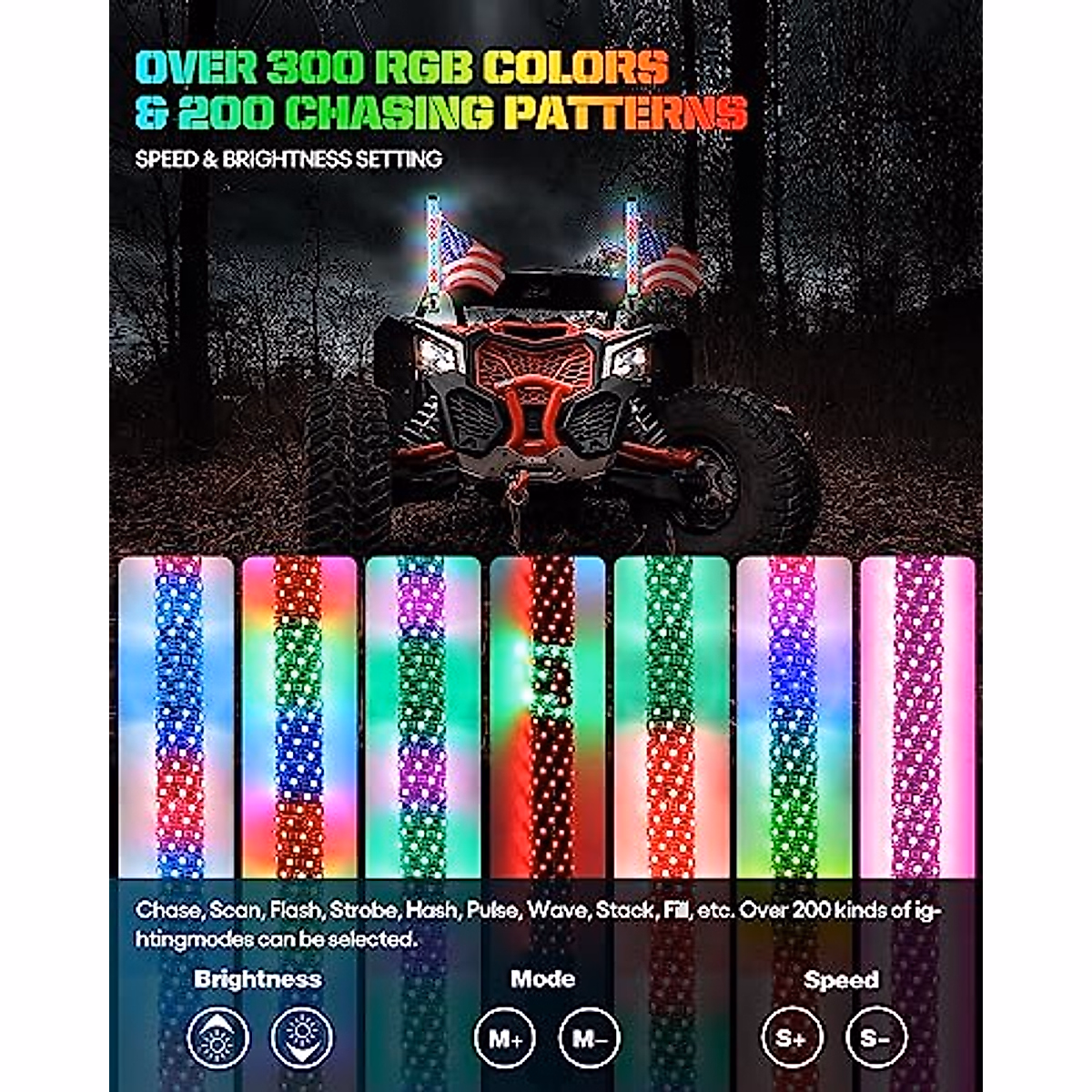 CO LIGHT Fat Spiral LED Whip Lights Thick Antenna 2FT Remote Control RGB Chasing/Dancing Light for UTV ATV 2PCS, APP-Supported 300 Colors & 200 Modes with Turn Signal, Brake Light, Reversing Light