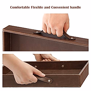 Ranslen Square Leather Serving Tray with Handles, 15"x15" Table Trays for Ottoman Coffee Table, Decorative Tray for Home Organizer Living Room Kitchen Food Tray, Breakfast Tray in Bed, Brown