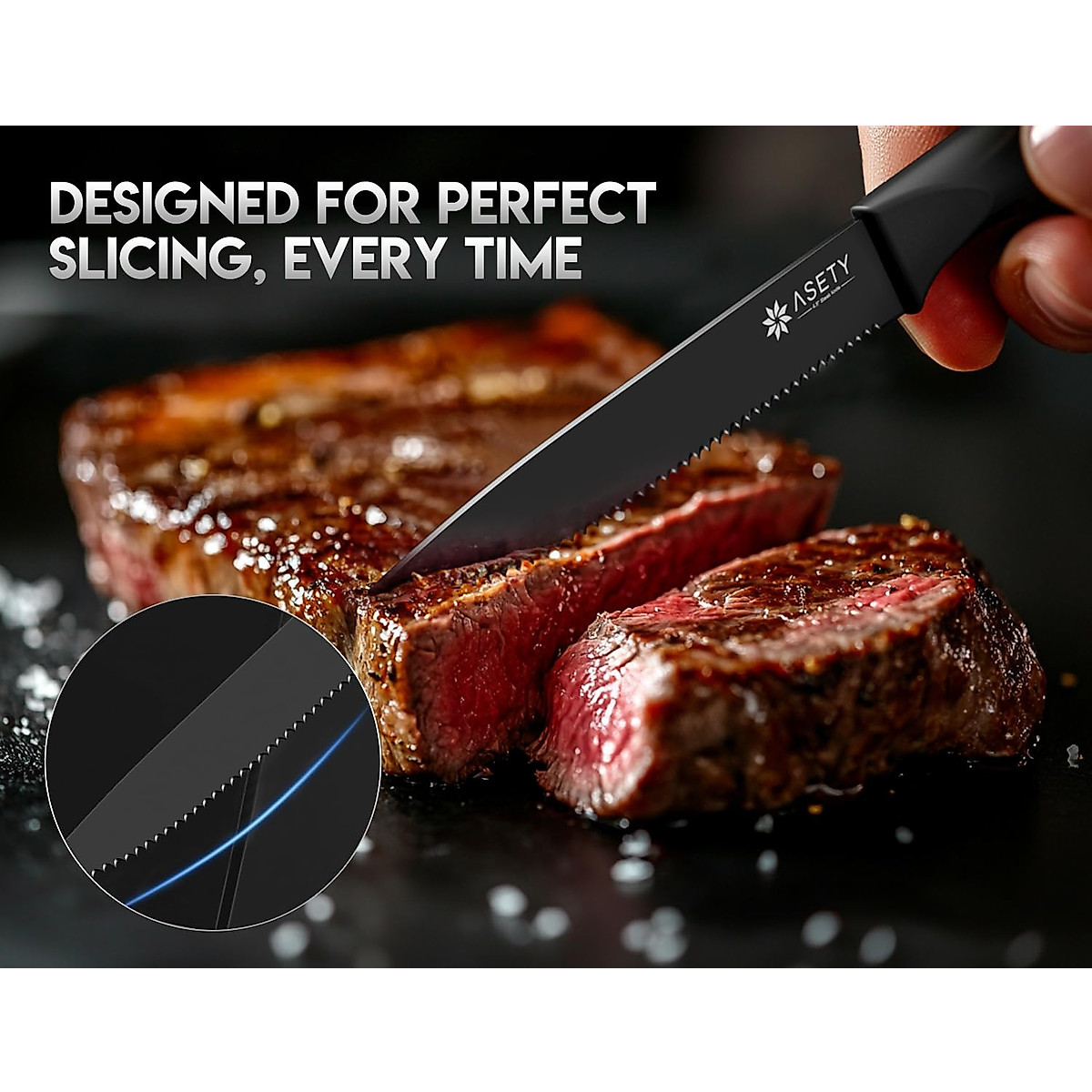 ASETY Steak Knives Set of 6, Serrated Steak Knives,Dishwasher Safe,High-Carbon Stainless Steel Steak Knife Sets with Elegant Box,Black