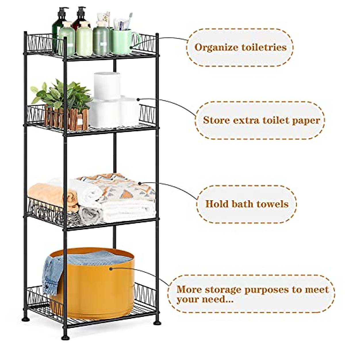 OYEAL Bathroom Shelves Freestanding Bathroom Towel Storage 4 Tier Wire Shelving Unit with Guard Bathroom Shelf Organizer Standing for Pantry Kitchen Laundry Room Organization, Black
