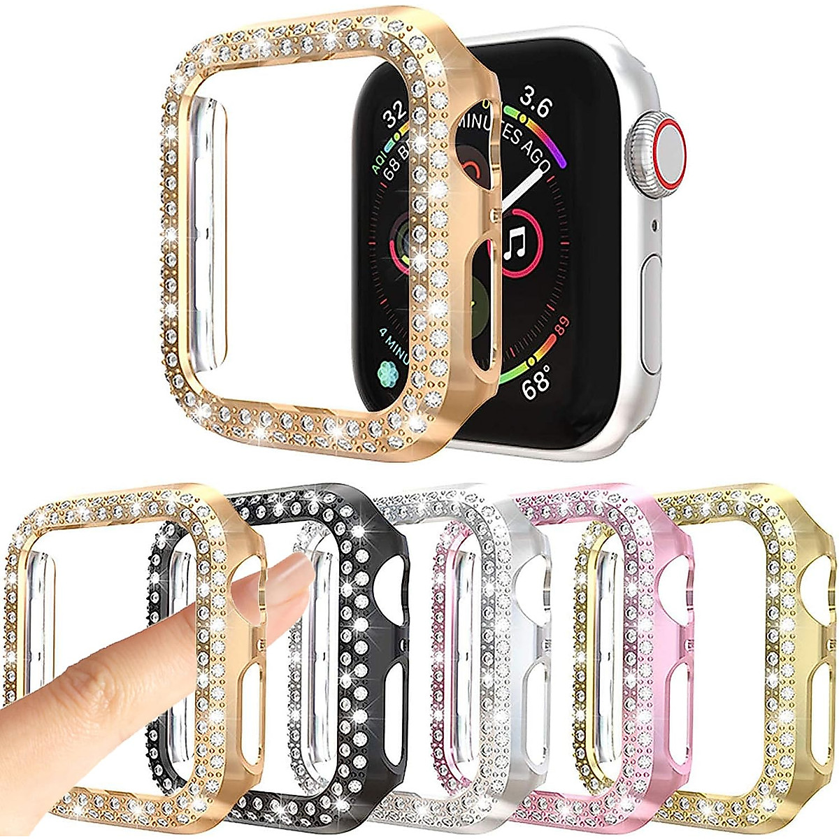 [5-Pack] Protector Case Compatible with Apple Watch Series 3 Series 2 Series 1 38mm Cover, Double Row Bling Crystal Diamonds Protective Cover PC Plated Bumper Frame Accessories (5 Colors, 38mm)