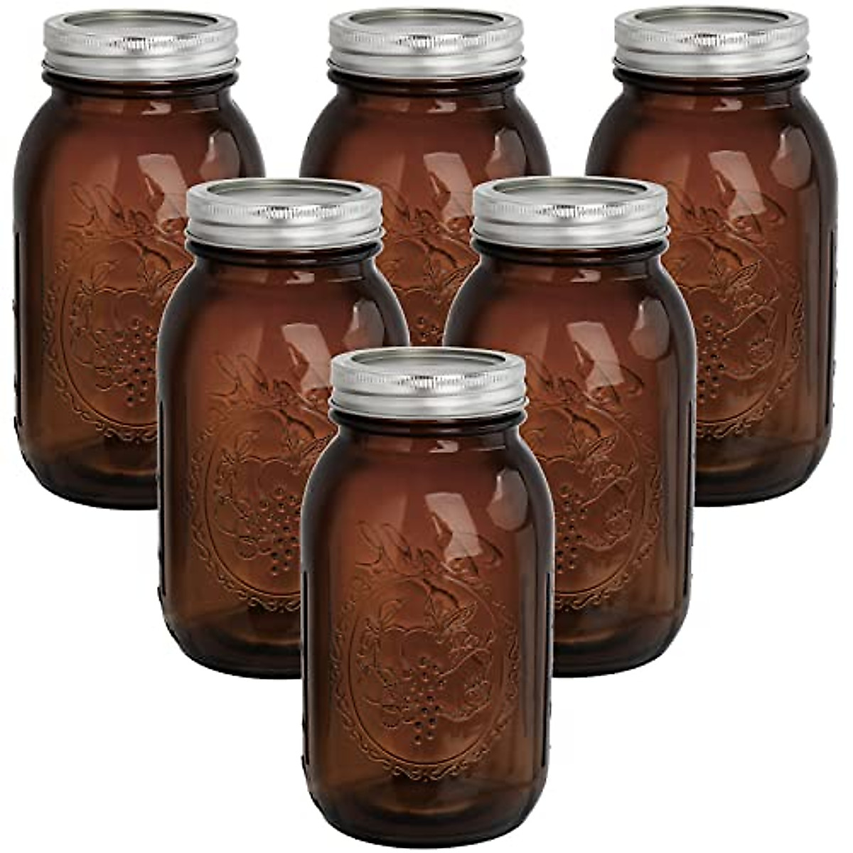Tebery 6 Pack Amber Regular Mouth Quart Mason Jars, 32oz Canning Glass Jars with Airtight lids and Bands