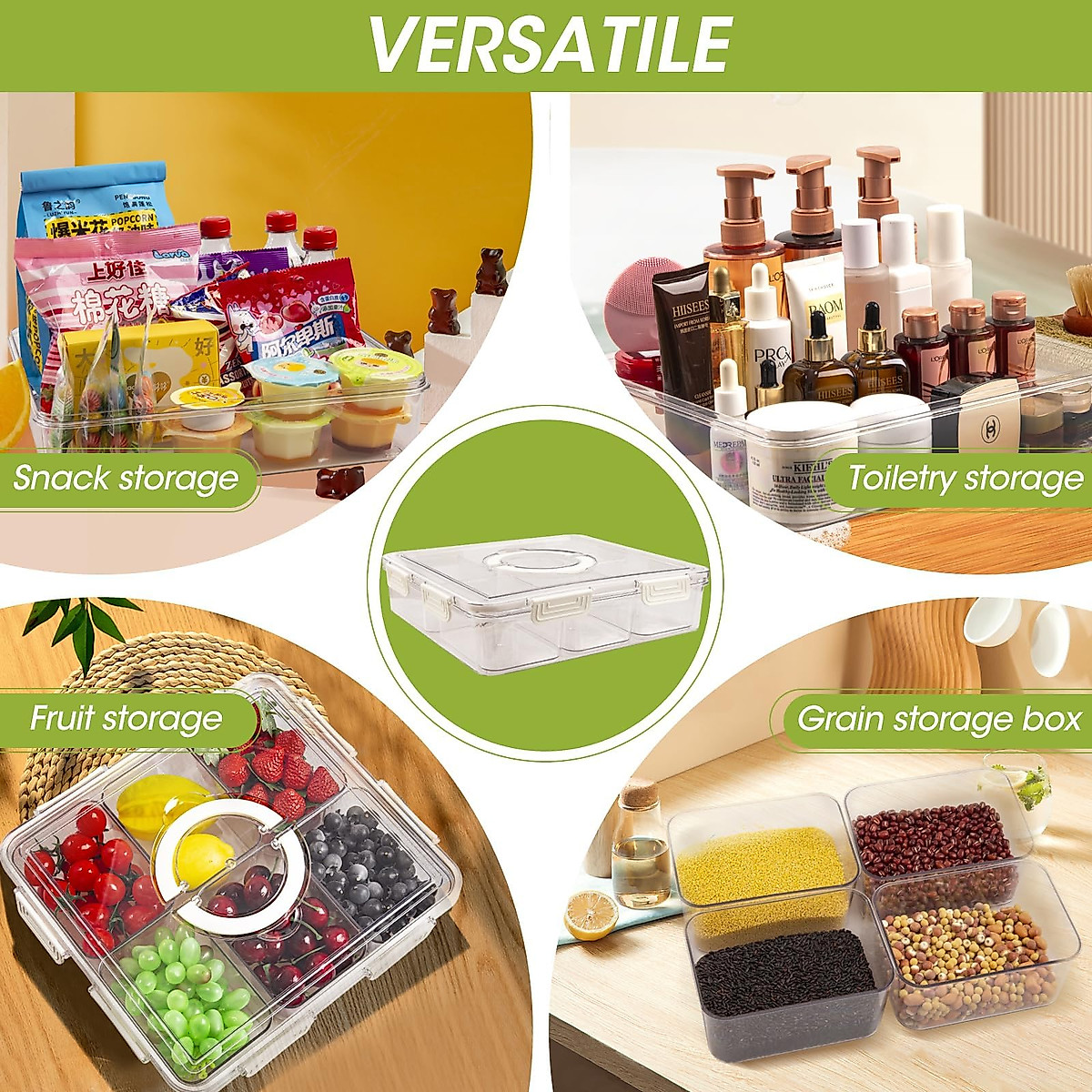 Divided Serving Tray with Lid Handle, Snackle Box Charcuterie Container, 6 Compartment Removable , Airtight Snack Box Container, BPA-Free Fruit Storage Container for Berry, Snack, Candy, Nuts