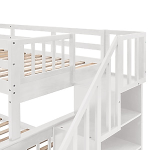 Twin Over Full Bunk Bed, Wood Twin Over Full Bunk Bed Frame with Storage Drawers and Shelves, Twin Over Full Size Bunk Bed Frame with Guardrails and Stairs for Kids Boys Girls Teens Adults, White