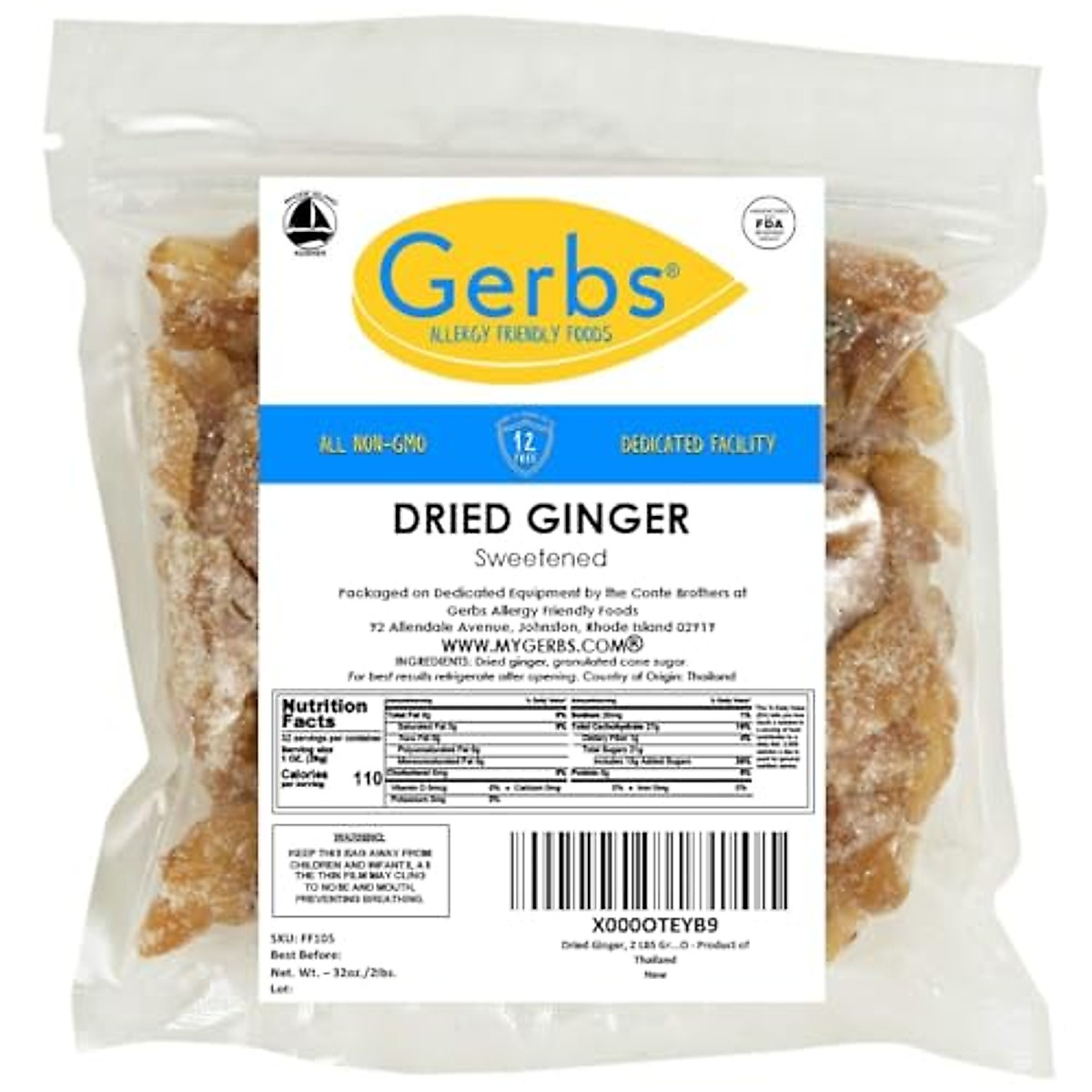 GERBS Dried Ginger 2 LBS. Granulated | Freshly Dehydrated Resealable Bulk Bag | Top Food Allergy Free | Sulfur Dioxide Free | Facilitates weight loss by improving digestion| Gluten & Peanut Free