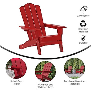 Flash Furniture Newport Adirondack Chair with Cup Holder, Weather Resistant Poly Resin Adirondack Chair, Red