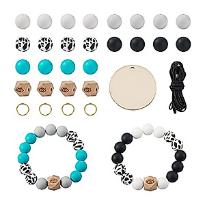 Boutigem 76pcs Cow Printed Round Silicone Beads Soft Rubber Beads for Keychain Making Wood European Beads & Big Pendants for Wristlet Phone Lanyard Pen Jewelry Making DIY Craft