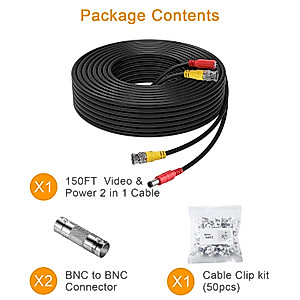 WILDHD BNC Cable 150ft All-in-One Siamese BNC Video and Power Security Camera Wire Cable, CCTV Cable with 2 Female Connectors for All Max 5MP HD CCTV DVR Surveillance System (150ft Cable,Black)
