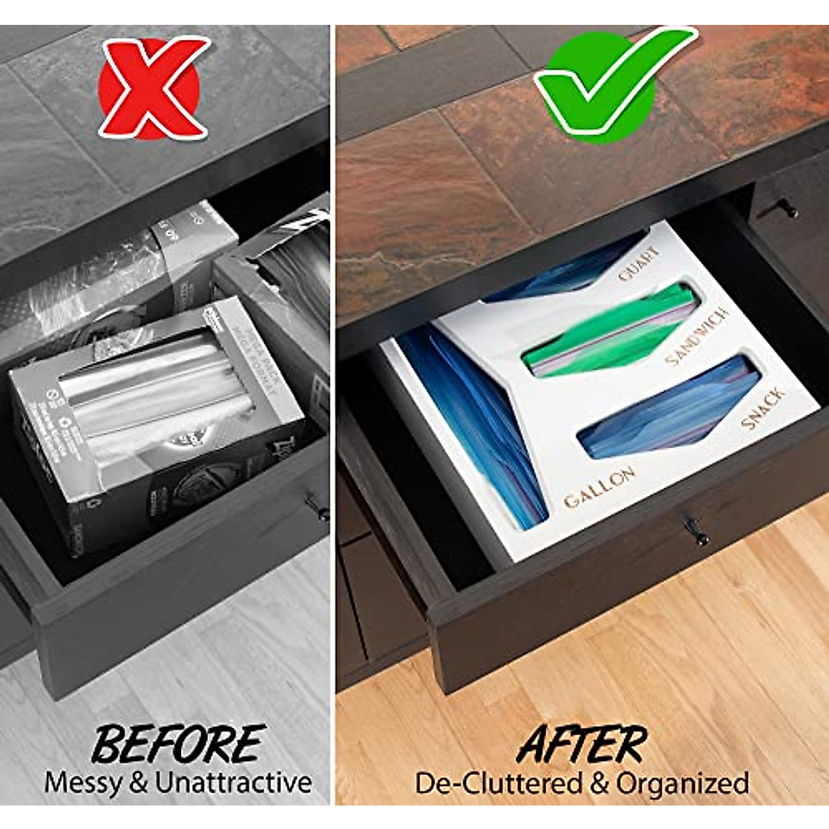 provoom Ziplock Bag Storage Organizer – Ziplock Organizer for Drawer with Grocery Bag Holder – Bamboo Baggie Organizer Compatible with Gallon, Sandwich, Snack, Quart Food Storage Bags(WHITE)