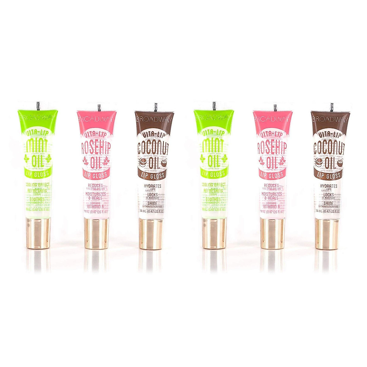 6-PACKS Kiss Broadway Clear Lip Gloss (#1 Mint,Coconut,Rosehip)