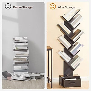 MAHANCRIS Tree Bookshelf, 9-Tier Bookshelf with Drawer, Wooden Book Storage Rack, Floor Standing Bookcase, Utility Organizer Shelves for CDs/Books/Movies, for Living Room, Home Office, Black BKB7101