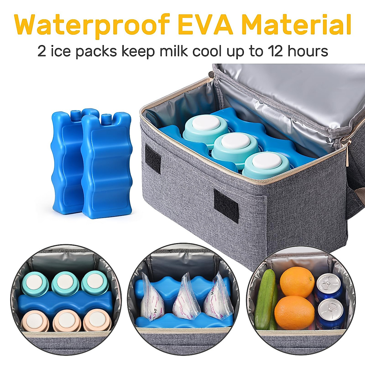 NCVI Breastmilk Cooler Bag with 2 Ice Pack, Breast Pump Bag with Cooler Fits 6 Bottles, Double Layer Breast Milk Baby Bottle Cooler Bag, for Travel, Nursing Mom Daycare, Work, Picnic, Black