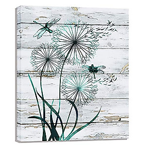 Visual Art Decor Abstract Teal Dragonfly with Dandelions Rustic Wood Texture Background Canvas Wall Art Prints Gallery Wrapped Picture Ready to Hang for Home Office Bedroom Living Room Wall Decoration