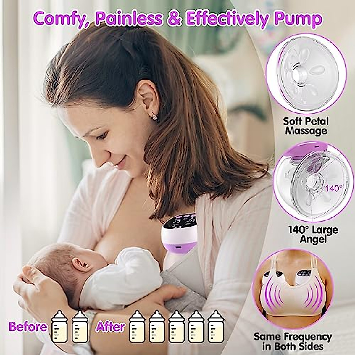 Palmatte Wearable Breast Pump Hands Free Portable & Wireless, Leakproof Painless Electric Breast Pump 3 Modes 9 Levels LED Display Remote & Storage Bag Breastfeeding Essentials, 2 Pack Lavender