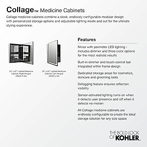 KOHLER K-33690-R-NA Collage Lighted Medicine Cabinet, 24" x 32", Right-hinged, 24 x 32