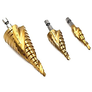 3pc HSS Titanium Coated Spiral Flute Step Drill Bit for Wood Soft Metal Woodworking Tool Bit,4-12/20/32mm