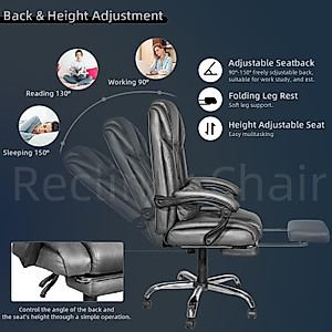 Toszn High Back Executive Office Chair, Reclining Office Chair with Footrest, PU Home Office Desk Chair Adjustable Height, Computer Desk Chair with Lumbar Cushion, Grey
