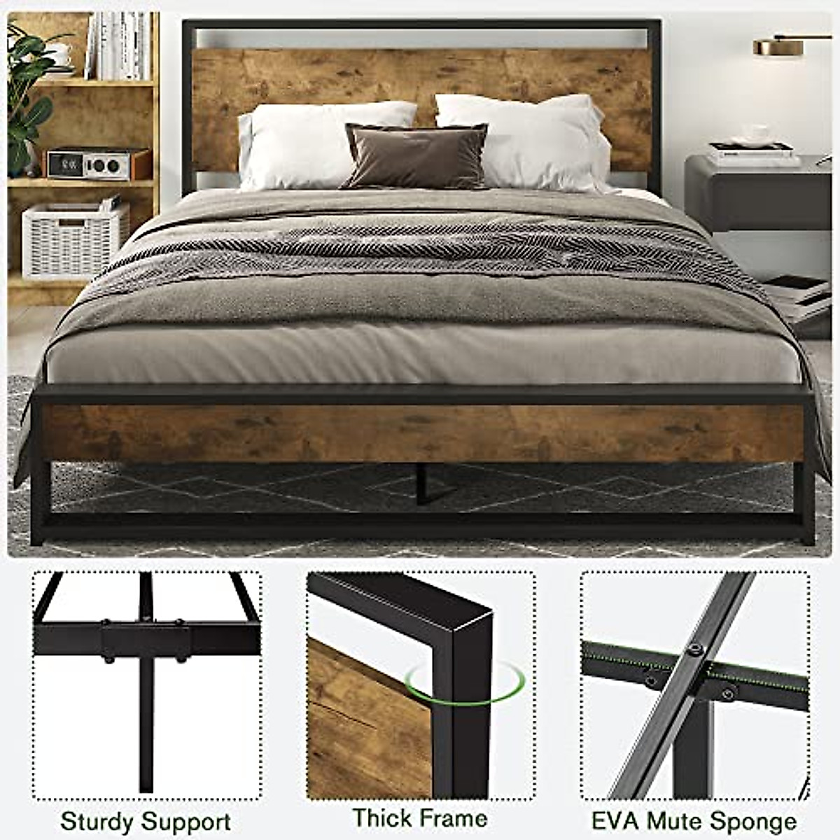 IMUsee Queen Bed Frame with Wooden Headboard, Modern Rustic Style Platform Bed Frame Queen Size, No Box Spring Needed, Easy Assembly, Brown