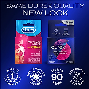 Condoms, Ultra Fine, Ribbed, Dotted with Delay Lubricant, Durex Performax Intense Natural Rubber Latex Condoms, 3 Count, Contains Desensitizing Lube for Men, FSA & HSA Eligible