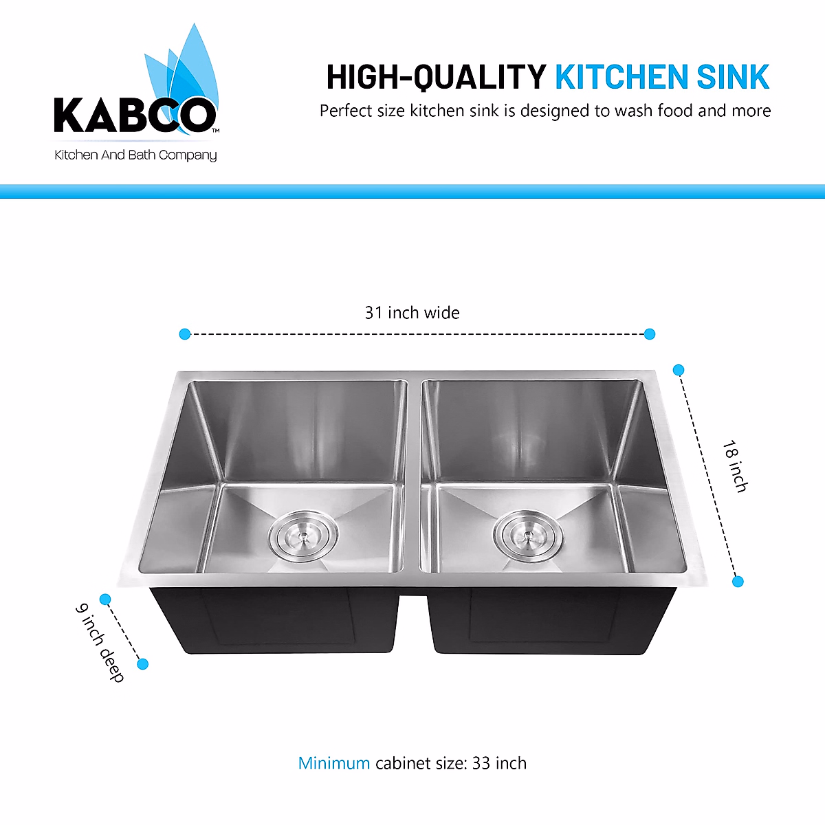 KABCO 18 Gauge 31 Inch Double Bowl Undermount Stainless Steel Kitchen Sink with 4 Pieces Sink Accessories, Rust Resistant Sound and Heatproof Laser Cut Tight Radius Sink for Indoor or Outdoor Kitchens