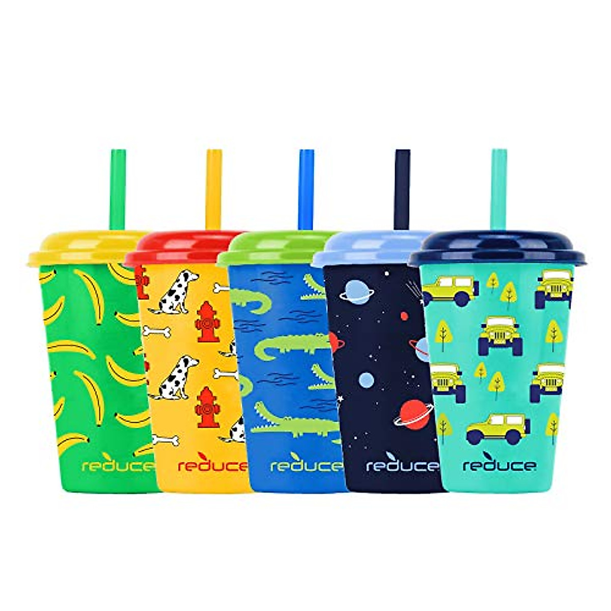 Reduce GoGo's 12 oz Cup Set, 5 Pack – Plastic Cups with Straws and Lids – Dishwasher Safe, BPA Free – 5 Fun Designs, Wild