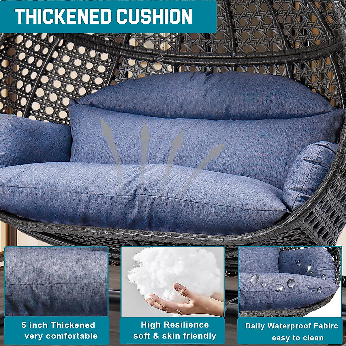 2 Person Swing Chair with Stand, X-Large Wicker Rattan Hanging Egg Chair Loveseat Chair with Cushion and Cover for Indoor Outdoor Bedroom Patio Garden (Black Frame + Dusty Blue Cushion)